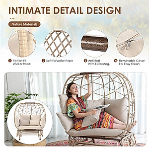 RADIATA Oversized Wicker Double Egg Chair w/ 7 Cushions 500lb Capacity Lounge Basket with Strong Heavy-Duty Steel Frame for Indoor Outdoor Patio Backyard Living Room (Beige)