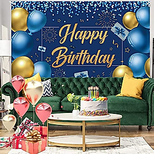 Lovyan Happy Birthday Banner Backdrop Extra Large Fabric Blue Gold Sign Poster Photo Booth Background for Men Women Birthday Anniversary Party Decoration Supplies, 71 x 43.3 Inch (Gift)