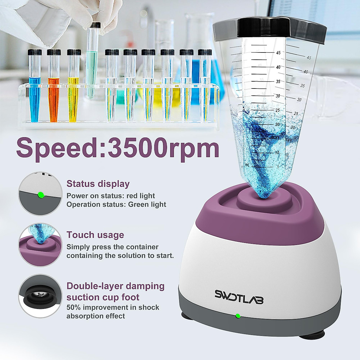 SWDTLAB Mini Vortex Mixer, Lab Vortex Shakers Speed 3500rpm with Touch Function LED Indicator Vortex Paint Mixer for Nail Polish Ink Eyelash Adhesives Test Tubes Vortex Mixing and Acylic Paint Purple