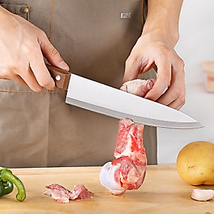 OLULU 8 inch Chef Knife, Razor Sharp Kitchen Knife with Protective Knife Sheath, Razor Sharp Slicing Knife with Ergonomic Handle, German Stainless Steel, Dishwasher Safe (Brown Color)