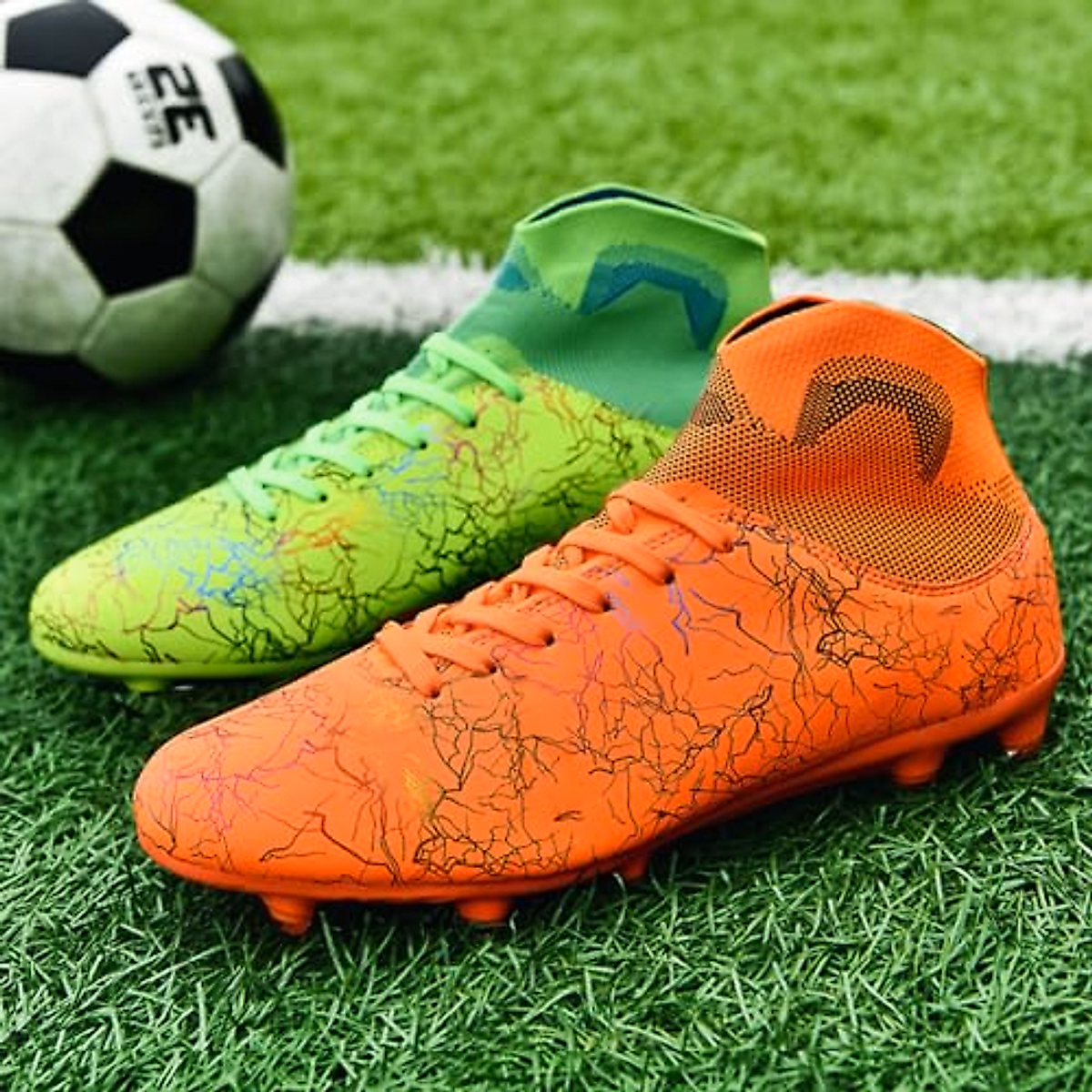 ESXGED Womens High Top Lightweight Soccer Cleats Mens Comfy Football Boots Spikes Shoes Training Sports Sneakers Green-Orange Size 9.5w/8m