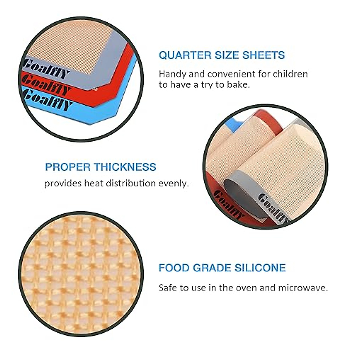 Goalfly Small Silicone Baking Mat Sheet (11.8 x 7.8 IN), 3 Pieces Non-stick Baking Mat Set, Reusable Silicone Mat for Oven, Toaster, Baking Tray, Baking Pan (Red, Blue, Grey)