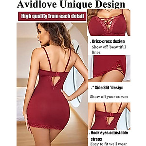 Avidlove Lingerie Nightgowns for Women Sexy Lace Sleepwear V Neck Chemise Lingerie Dress Full Slip Nighties(Wine Red S)