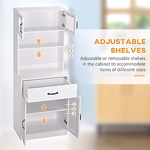 HOMCOM Freestanding Kitchen Pantry, 4-Door Buffet Cabinet with Hutch, Coffee Bar with Adjustable Shelves, 63.5 Inches, White