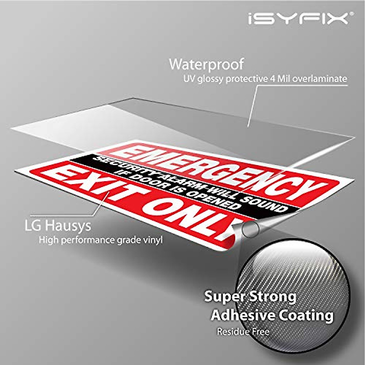 iSYFIX Emergency Exit Only Stickers – 2 Pack 10x7 Inch – Premium Self-Adhesive Vinyl, Laminated UV, Weather, Scratch, Water & Fade Resistance, Security Alarm Will Sound if Door is Opened Sign