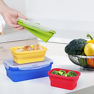 NATUREKIT 4 Collapsible Silicone Food Storage Containers,Kitchen Stackable Leftover Bento Lunch Meal Box with Plastic Airtight Lids, Leak-proof Camping Food Storage，Microwave Dishwasher Freezer Safe