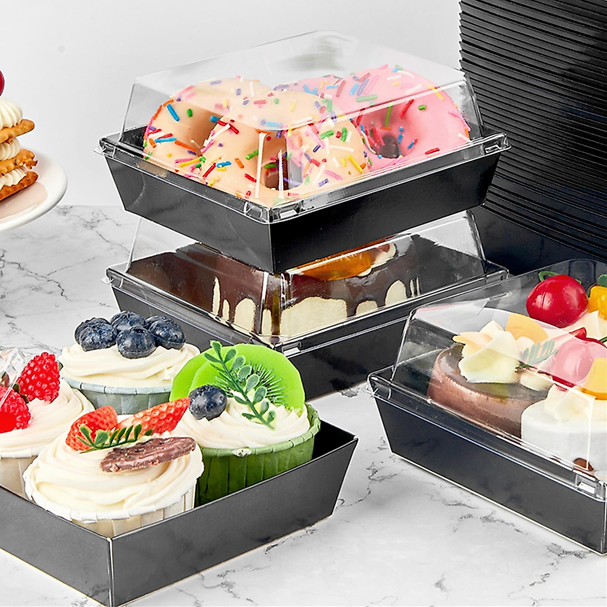 Ocmoiy Small Charcuterie Boxes with Clear Lids, To Go Paper Disposable Food Containers, 5 Inches Bakery Dessert Boxes for Sandwich, Cookie, Pastry, Cake Slice (Black, 50ct)