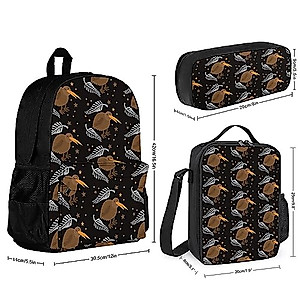 Supdreamc Adults Rucksack Sets - New Zeland Kiwi Bird Art Carry On Bag Shoulder Book Bags Travel and Sport Backpack Rucksack, 3 Piece Daypack Laptop Backpack