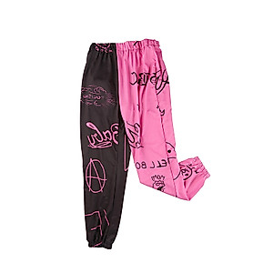 Mylleure Women Printed Baggy Sweatpants Pockets High Waisted Joggers Pants Contrast Color Sporty Workout Athletic Lounge Trousers (B Black + Pink Symbol, M)