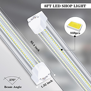 Gugsey 8Ft LED Shop Light Fixture - 100W 15500LM T8 Shop Lights for Garage, 6000K 8 Foot Daylight V Shape Linkable Garage Lights, High Output Clear Cover Plug and Play (10 Pack)