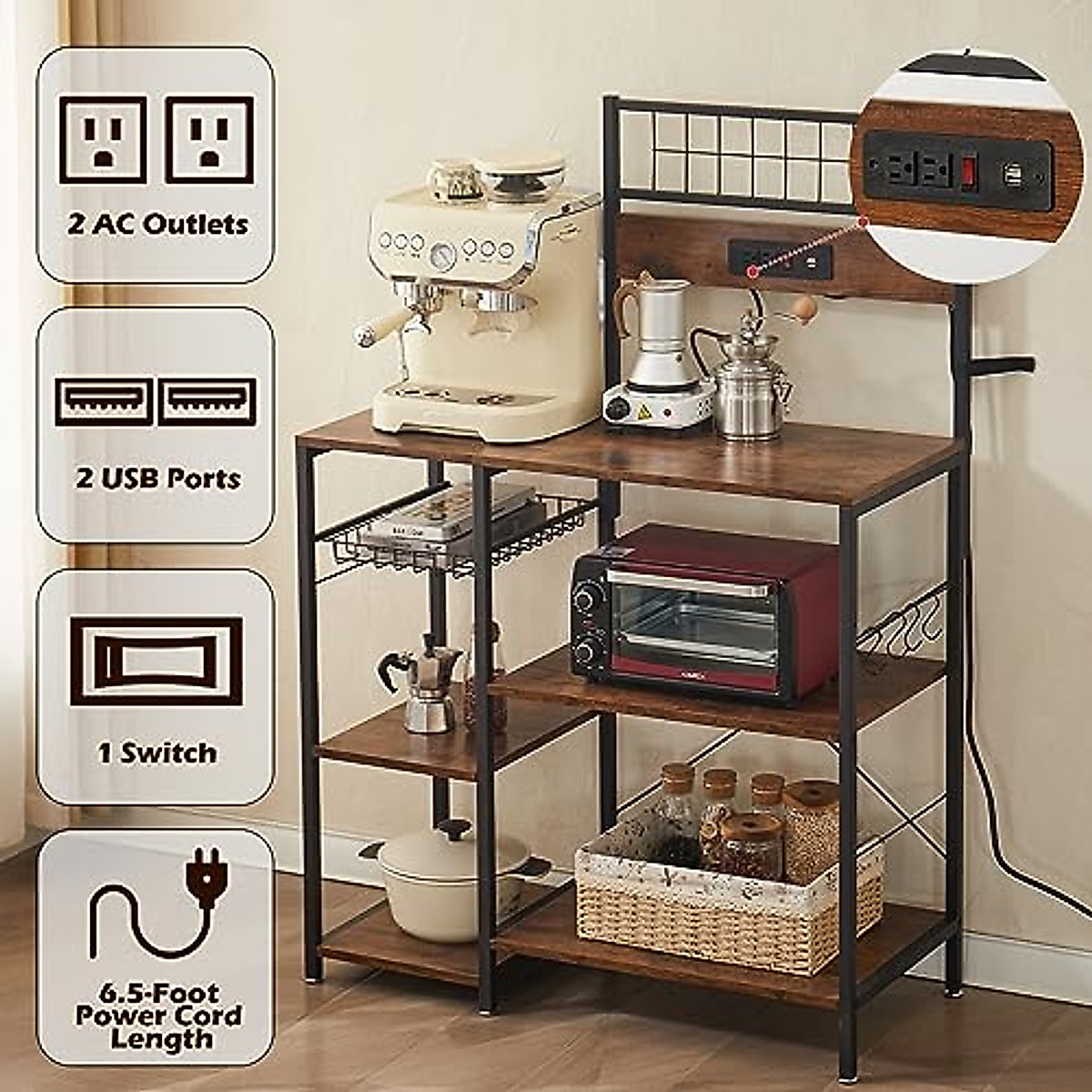 Leesingdo Kitchen Bakers Rack with Power Outlet, Microwave Stand, Coffee Bar Kitchen Storage Rack with Wire Basket, 6 Hooks, Kitchen Shelves for Spices, Pots, and Pans, Rustic Brown