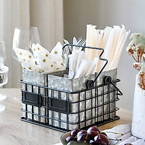 EMAX HOME Galvanized Utensil Caddy,Galvanized utensil holder,Flatware Cutlery Caddy Countertop Silverware Holder,vintage 4 Compartment Flatware Caddy With Handle Perfect