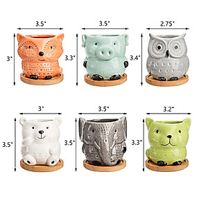 Frcctre 6 Pack Ceramic Succulent Pots, Small Succulent Planter Pots with Drainage and Bamboo Tray, Cute Animal Planting Pot Flower Pot Indoor Plant Pot for Succulent, Cactus, Garden Office Home Decor