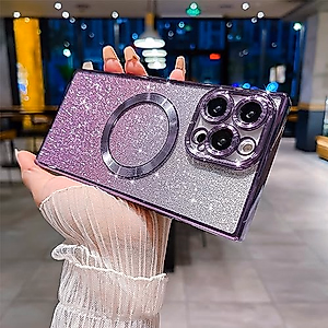 VirgoCCY for iPhone 14 Pro Max Case, Compatible with MagSafe, Full Protection Magnetic Glitter Case, Luxurly Cute Plated Bling Sparkly Phone Cases for iPhone 14 Pro Max for Women Girls, Purple