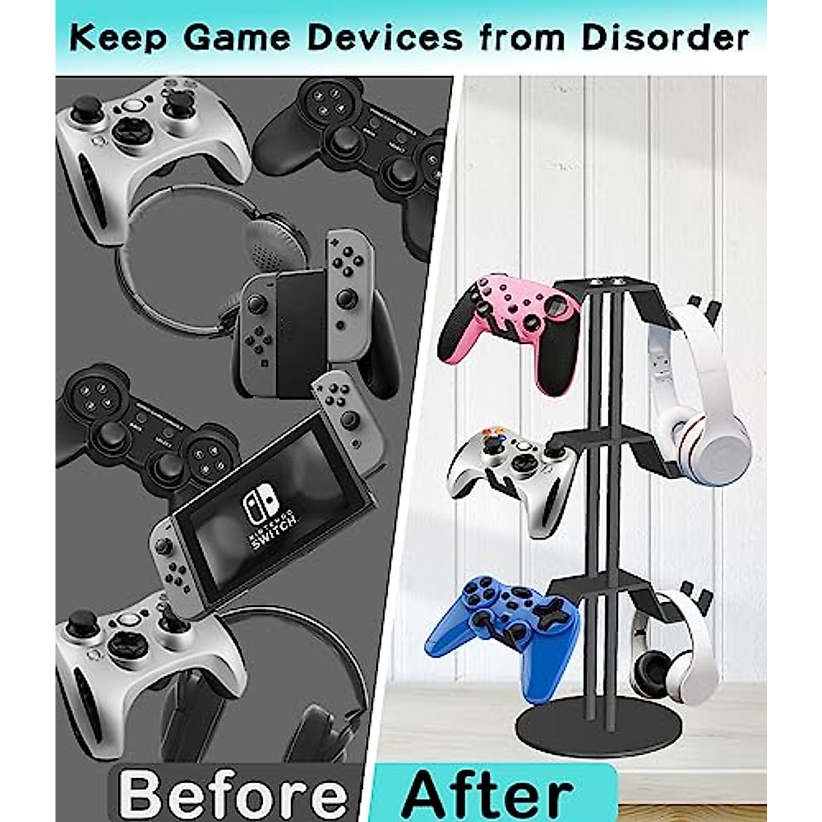 Ahomiwow Controller Holder Display Storage 3 Tier Hook for Desk Organizer Stand Hanger Neat Game Controller Hangers for All Universal PC Accessories Easy Assembly Space Save