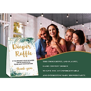 Diaper Raffle Baby Shower Game Set(1 Standing Sign + 50 Guessing Cards), Greenery Diaper Raffle Tickets for Baby Shower, Gold Foil Baby Shower Party Favor Decor - A05