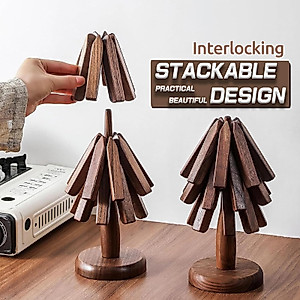 Natural Wood Trivets for Hot Dishes,Foldable Wooden Tree Trivet Hot Plate Mat,Set of 3 Walnut Wood Trivet Tree Hot Pads for Kitchen,Multifunction Wooden Trivets for Hot Pots and Pans for Quartz