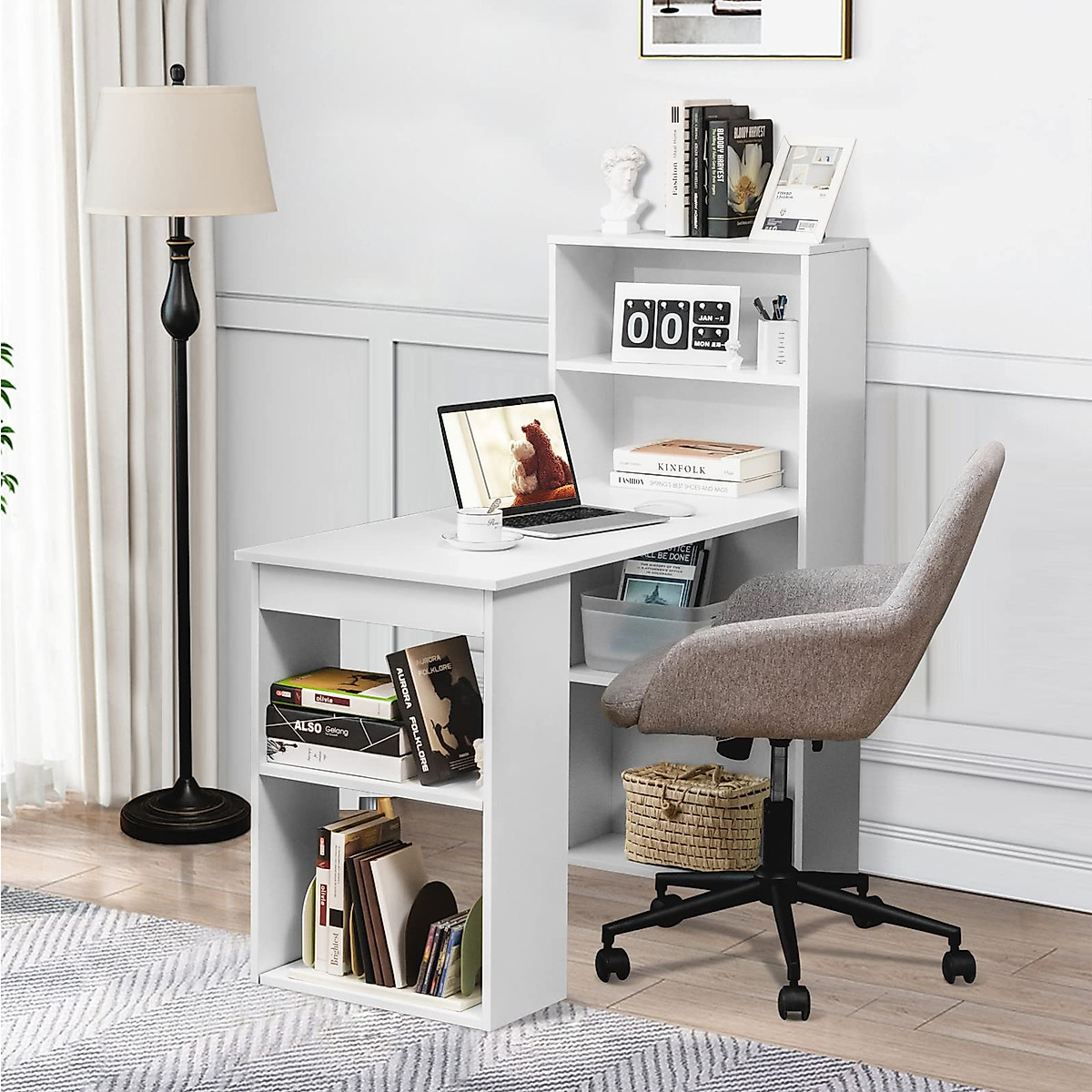 IFANNY White Computer Desk w/Bookshelf, Modern Home Office Desk w/Storage Shelves & CPU Stand, Space-Saving Design, Compact Corner Computer Workstation for Small Spaces
