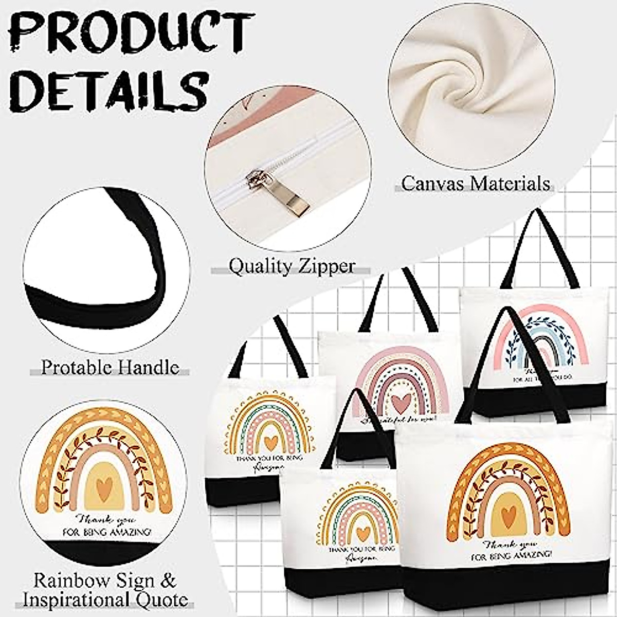 10 Pcs Employee Appreciation Gifts Teacher Tote Bags Bulk Rainbow Canvas Bag Inspirational Quotes with Zipper Thank You Gifts Inspirational Gifts for Women Teacher Coworker