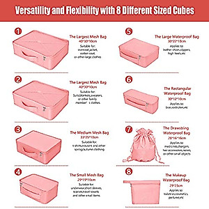 Packing Cubes 8 Sets Travel Luggage Organizers Include Waterproof Shoe Storage Bag Convenient Packing Pouches for Traveller (Pink)