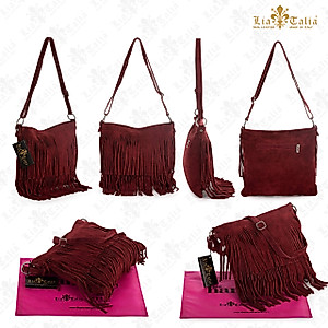 LiaTalia Womens Fringe Handbag - Real Italian Suede Leather - Tassle Effect Shoulder Bag in Medium Size - ASHLEY [Electric Blue]