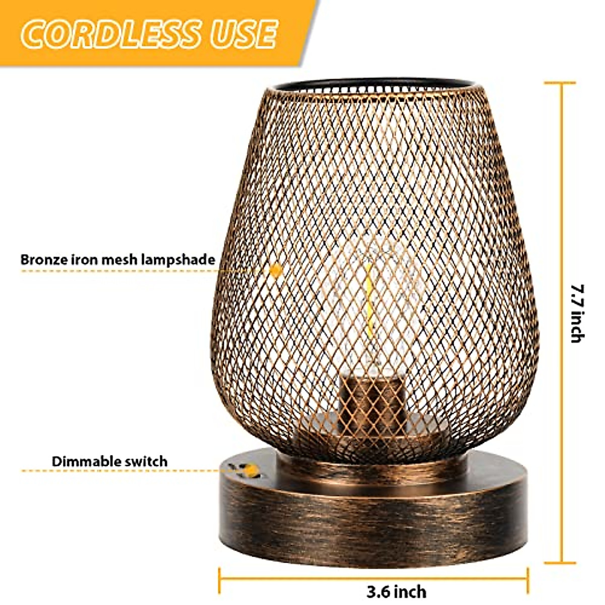 UBright Table Lamp Metal Cage LED Lantern Rechargeable with 4 Lighting Mode Cordless Lamp Decorative Light Outdoor Table Lamps for Patio Bedroom Living Room Indoors Outdoors (Bulb Included) (1 Pack)