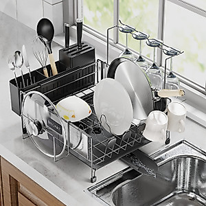 SINOART Kitchen Dish Drying Rack with Swivel Spout, Prevents Placement Scratches Stainless Steel Frame,Can Store Large Plates and Small Dishes, Large Knives and Small Knives, 2023 Model