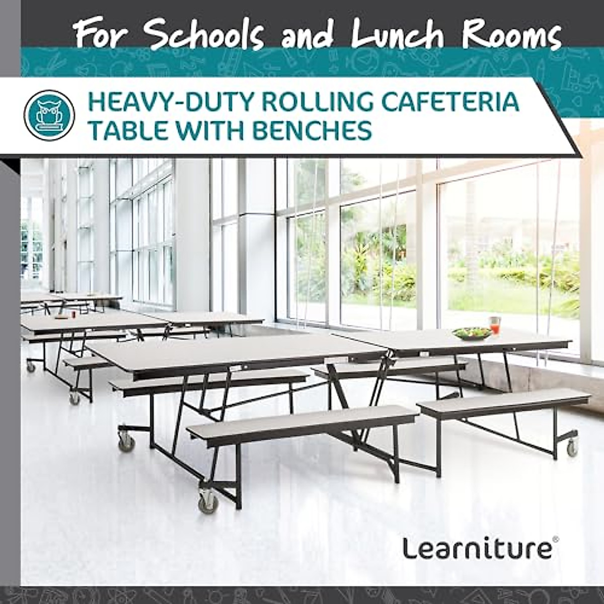Learniture Mobile Bench Cafeteria Table for Schools and Lunch Rooms, Heavy-Duty Rolling Cafeteria Table with Benches and Casters, Gray/Black