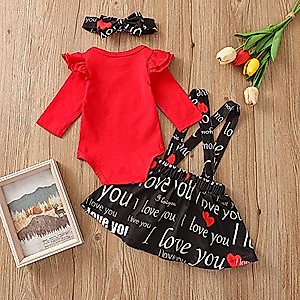 My First Valentine's Day Baby Girl Outfits Ruffle Long sleeve Romper Tops+Suspender Skirt+Headband Clothes Sets (Red, 0-3 months)