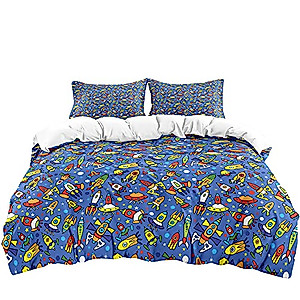 JIJIWANG California King Space Duvet Cover Cotton Kids Rocket Space Duvet Cover Star Spaceship Print 2 Pillowshames Comforter Cover Zipper Closure