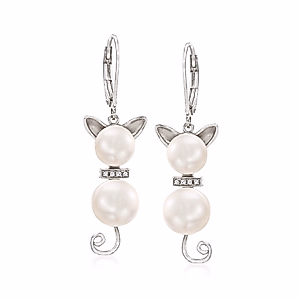 Ross-Simons 7.5-9mm Cultured Pearl and Diamond-Accented Cat Drop Earrings in Sterling Silver