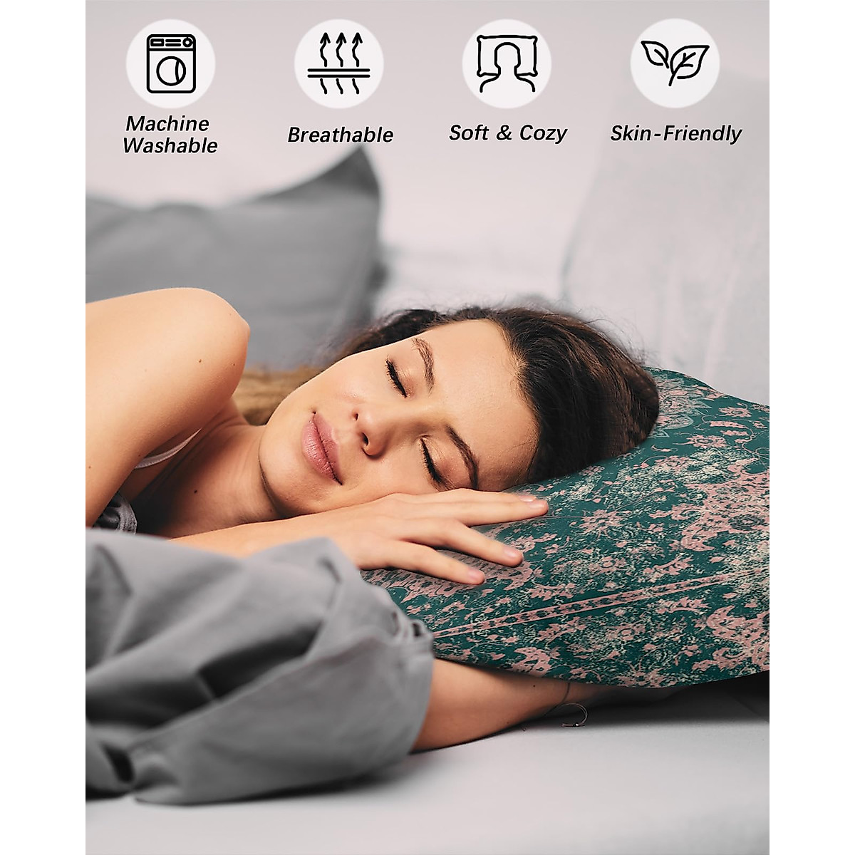 Edwiinsa Boho Modern Pillow Covers Standard Size Set of 2 20x26 Bed Pillow, Plush Soft Comfort for Hair/Skin Cooling Pillowcases with Envelop Closure Throw Covers Green Abstract Minimalist Flower