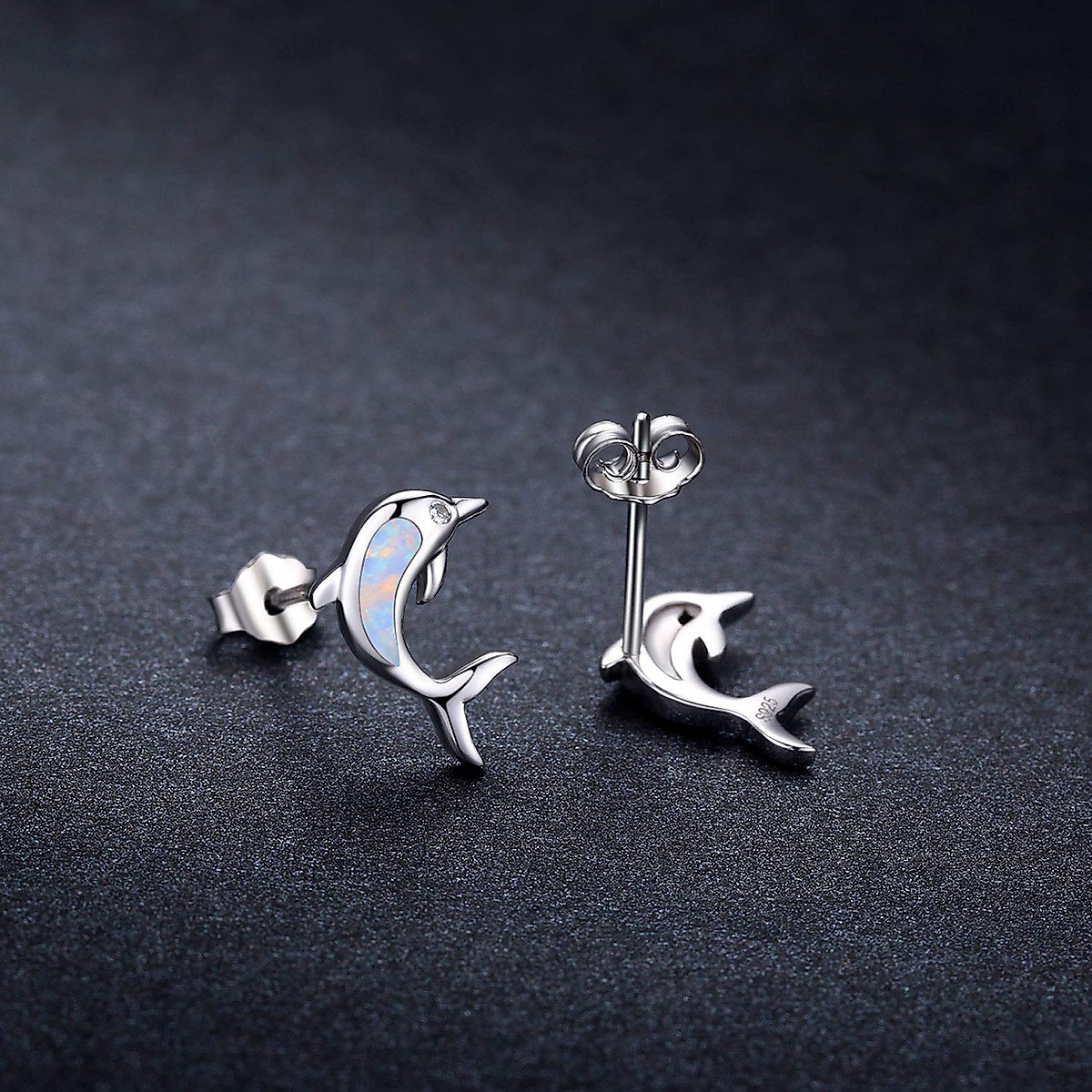 925 Sterling Silver Synthetic Opal Earrings Studs Hypoallergenic Dolphin Earrings Cute Birthday Gift for Her