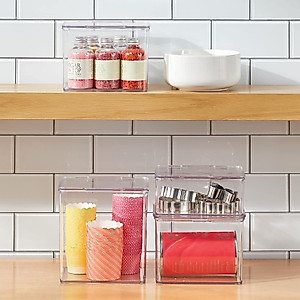mDesign Plastic Kitchen Pantry and Fridge Storage Organizer Box Containers w/Hinged Lid for Shelves or Cabinets, Holds Food, Snacks, Seasoning, Condiments, Utensils, Lumiere Collection, 4 Pack, Clear