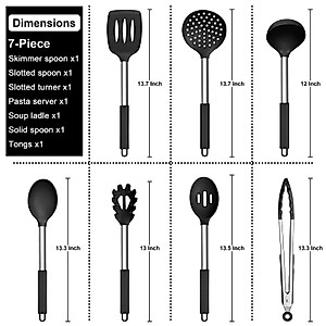 E-far Silicone Cooking Utensils Set, 7 Pcs Heat Resistant Kitchen Utensils with Stainless Steel Handle, Slotted Turner, Spoon, Soup Ladle, Pasta Server, Skimmer, Tongs for Nonstick Cookware, Black