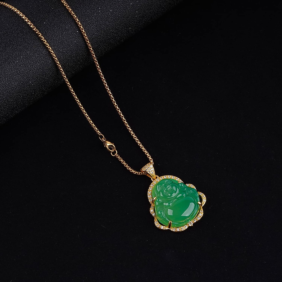TIKCAUZ Buddha Necklace for Women Men Green Jade Laughing Buddha Pendant with18K Gold Plated Chain Lucky Buddah Necklace Jewelry Gifts for Her Him