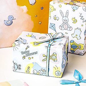 WRAPAHOLIC Baby Boy Wrapping Paper Roll - Cute Bear and Small Pin Design Perfect for Celebration, Party, Baby Shower Present Packing - 4 Rolls - 30 inch X 120 inch Per Roll
