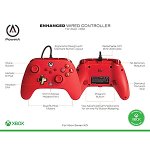 PowerA Enhanced Wired Controller for Xbox Series X|S - Red, Detachable 10ft USB Cable, Mappable Buttons and Rumble Motors, Officially Licensed for Xbox