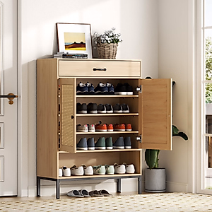 Loomie Rattan Shoe Cabinet, 5-Tiers Shoe Storage Cabinet with Doors, Storage Cabinet with Drawer & Bottom Cubby, 44.3" Tall Boho Shoe Organizer Cabinet for Entryway Hallway Closet (Natural)