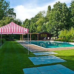 UNIQUECANOPY 10'x10' Pop Up Canopy Tent Commercial Instant Shelter with Heavy Duty Roller Bag, 4 Canopy Sand Bags, 10x10 FT Red White Strip