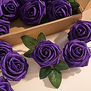 Lansdowns Artificial Flower Foam Rose 25pcs Real Looking Fake Rose with Stems Leaves for Home Decoration Party Garden Centerpieces DIY Wedding Bouquets（Purple）