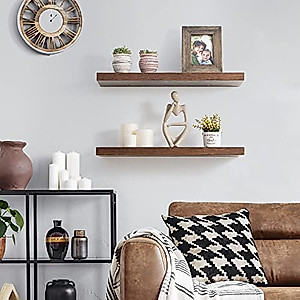 Floating Shelves, 8 Inch Deep Rustic Natural Oak Wall Shelves for Storage, Wall Mounted Wooden Display Shelving for Bedroom, Living Room, 24'' x 8'' Shelves, Dark Oak Color, Set of 2