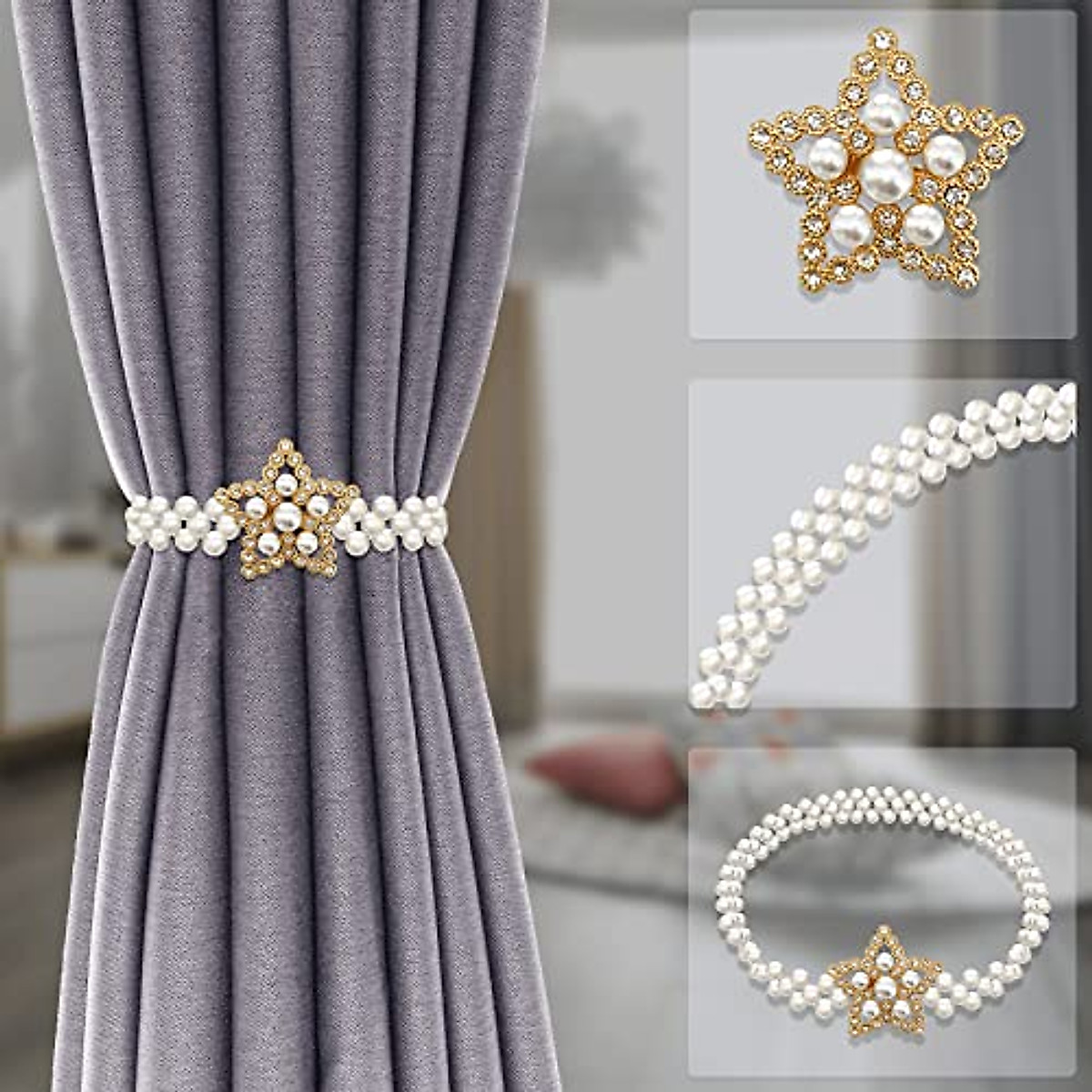 Curtain Tiebacks Crystal Pearl Spring Design Curtain Ties Carving Design Curtain Holdback Curtain Holders for Drapes Backs Thin or Thick Curtain Modern Style Curtain Hooks Holdback Decorative(Star)