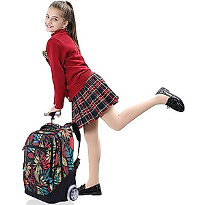 DNSHAN Rolling Backpack for Kids, 18 Inch Girls Wheeled Backpacks for School Travel, Flower