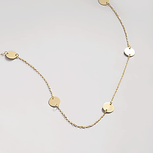 14k Real Gold Round Disc Station Necklace for Women | 14k Gold Coin Station Choker Necklace | Round Pendant Necklaces | Dainty Station Jewelry for Women | Gift for Anniversary, 18"