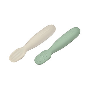 BEABA Set of 2 Silicone Pre-Spoons, For Babies 4-8 Months, Ultra-Soft Silicone Spoons to Help with Self Feeding, Designed with Specialist, Baby Utensils, Sage/Grey
