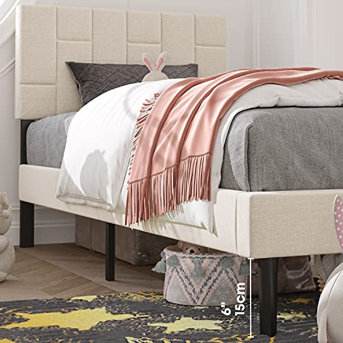 LIKIMIO Twin Platform Bed Frame, Modern Upholstered Bed with Headboard and Wood Slat Support, Noise-Free, No Box Spring Needed, Beige