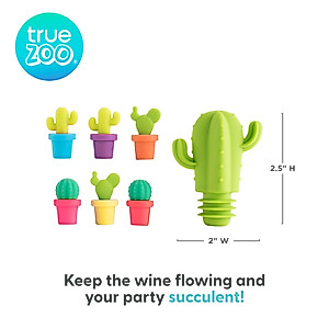 TrueZoo Cactus Wine Glass Charms and Drink Markers with Bottle Stopper - Wine Accessories - Multi Color Set of 7