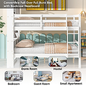 Betoko Solid Wood Bunk Beds Full Over Full with Bookcase Convertible Wooden Full Size Bunk Bed Frame with Storage Headboard for Teens,Kids,Boys,Girls,Adults and Small Spaces (White, Full Over Full)