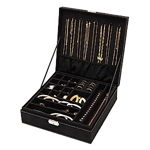 Black Jewelry Box with Lock and Key, 2 Layer Travel Display Case and Storage Organizer with Removable Tray for Earrings, Men, Girls, and Women (10.5x10.5x3.5 in)